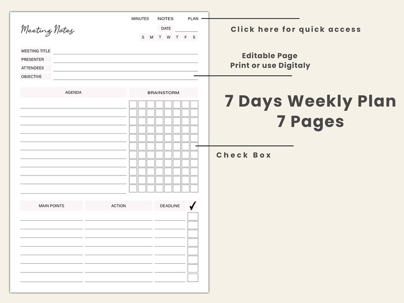 Meeting Notes Template Printable, Business Notes Template, Meeting ...