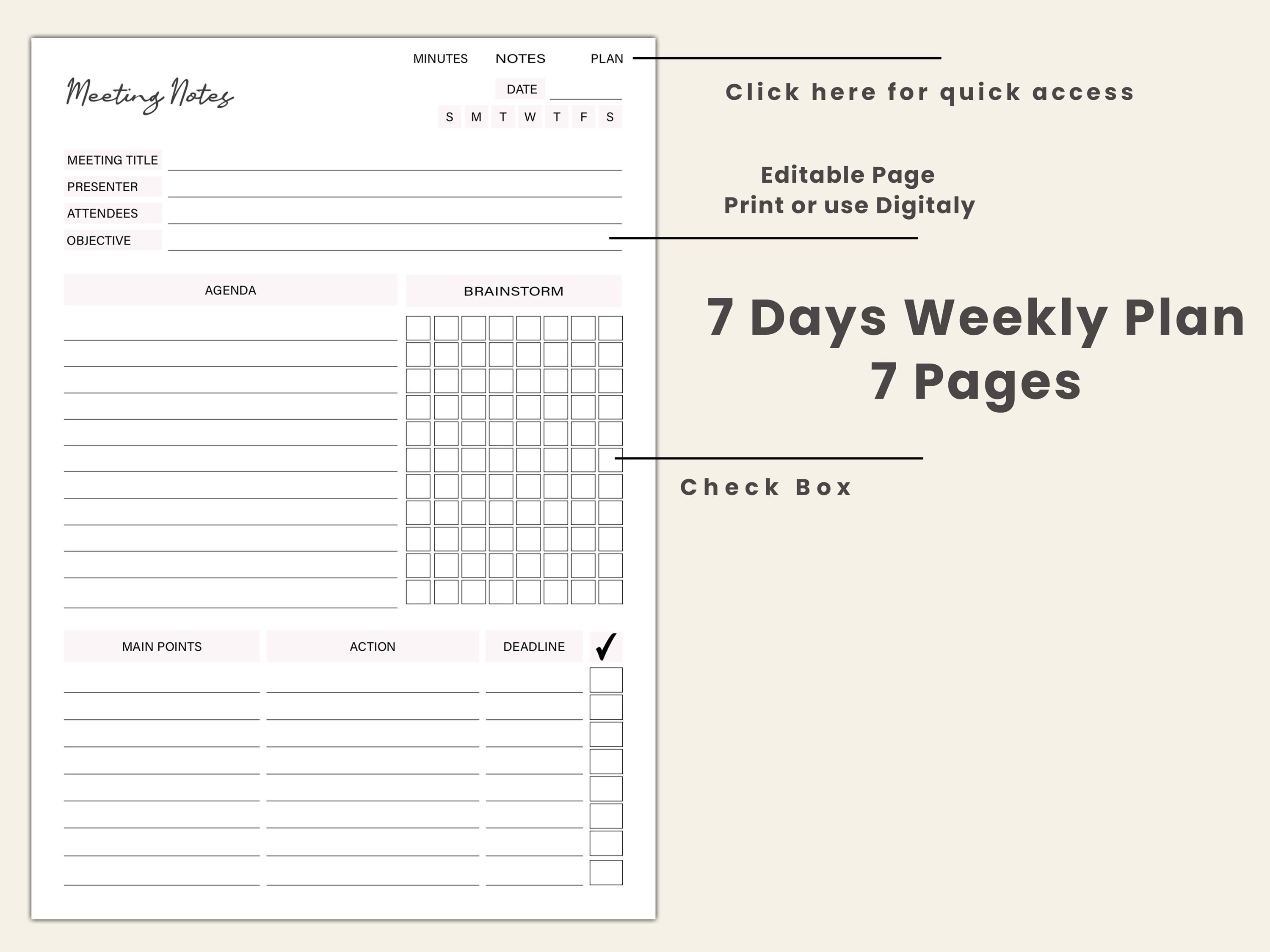 Meeting Notes Template Printable, Business Notes Template, Meeting ...