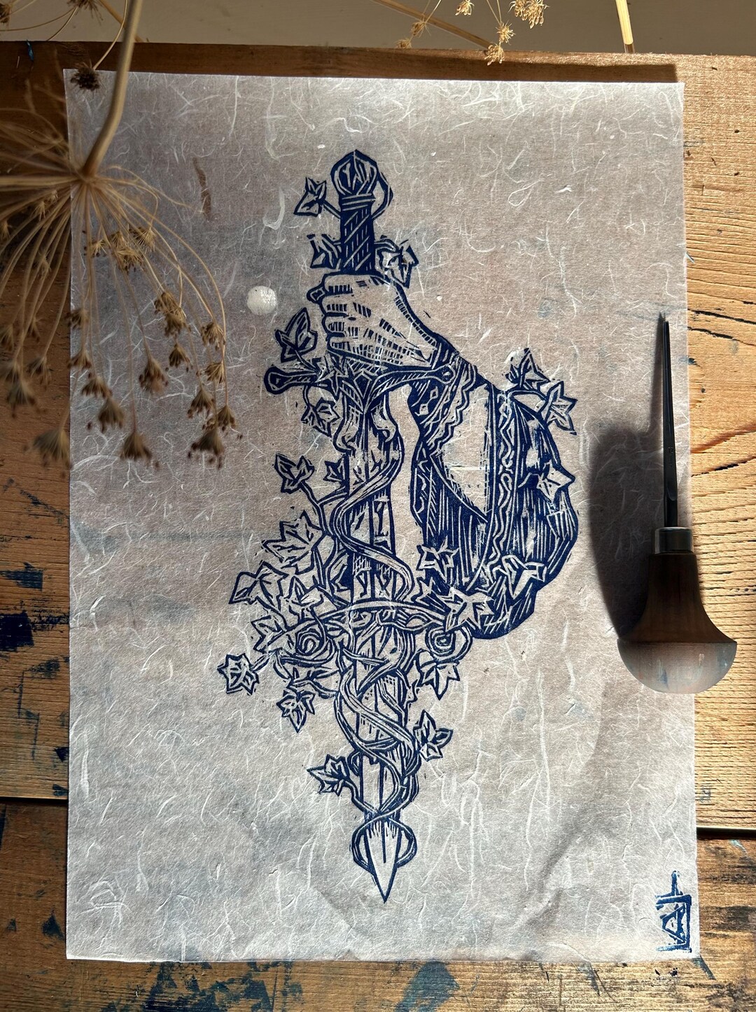 Ivy Entwined Sword Linocut Art Print | Gothic Fantasy Wall Decor - Etsy
