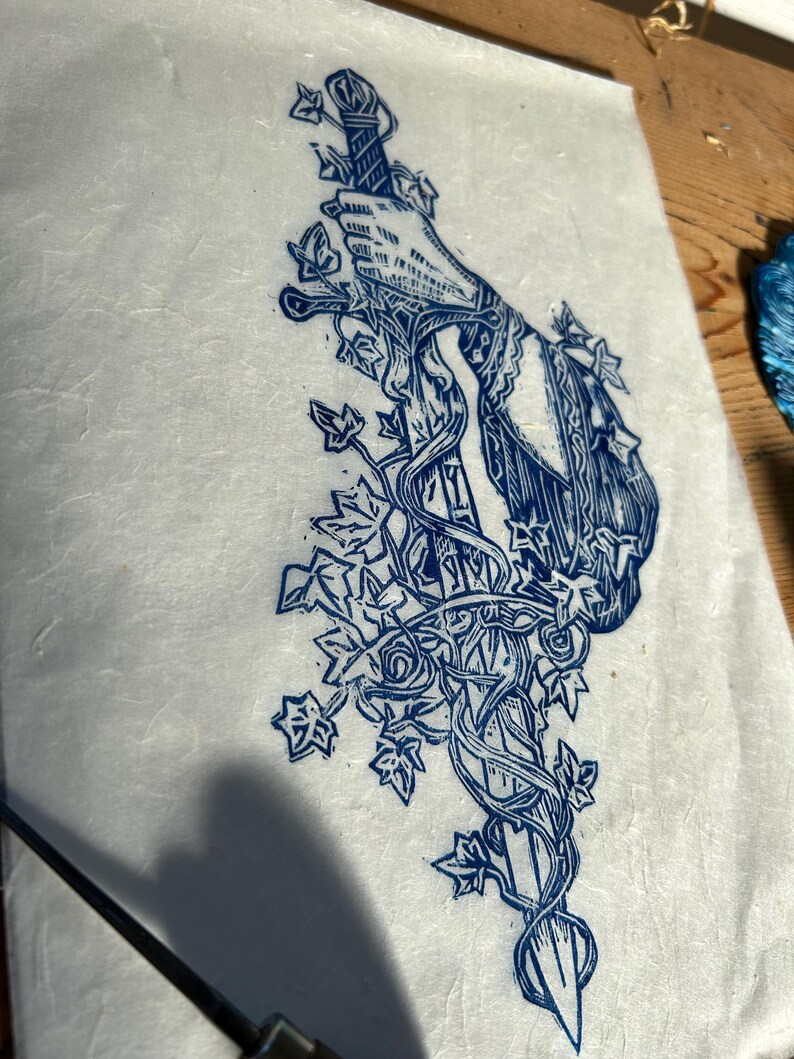 Ivy Entwined Sword Linocut Art Print | Gothic Fantasy Wall Decor - Etsy