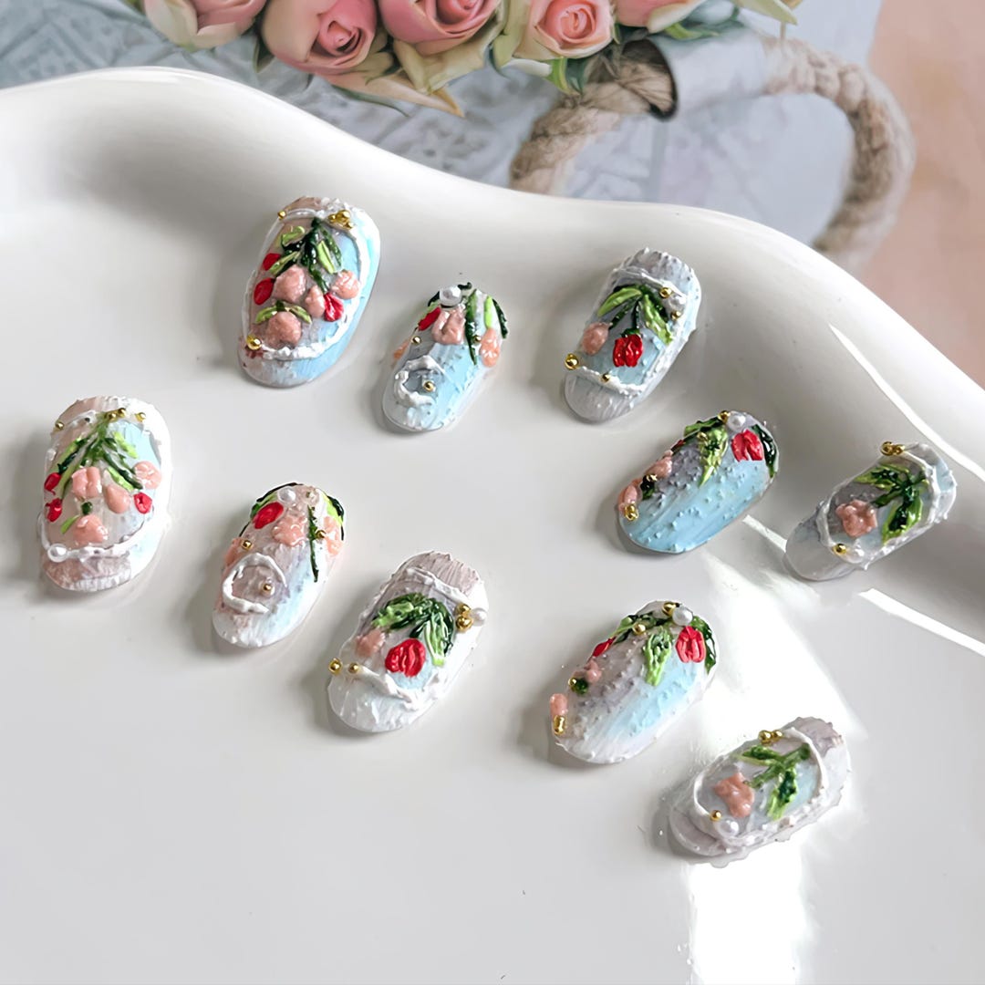 Spring Press on Nails/flower Press on Nails/handmade Press on Nails ...