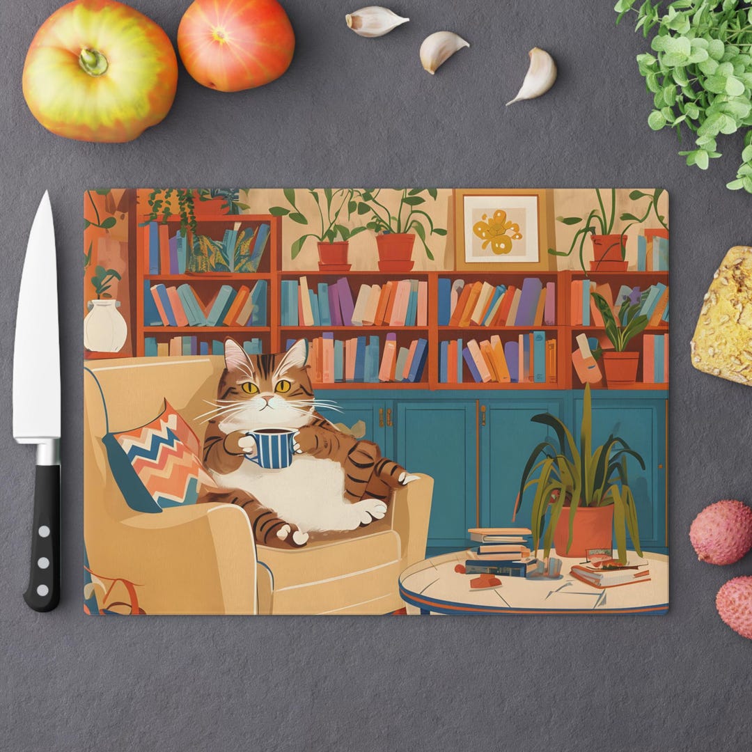 Fat Cat Coffee Lover Kitchen Decor, Tempered Glass Cutting Board ...