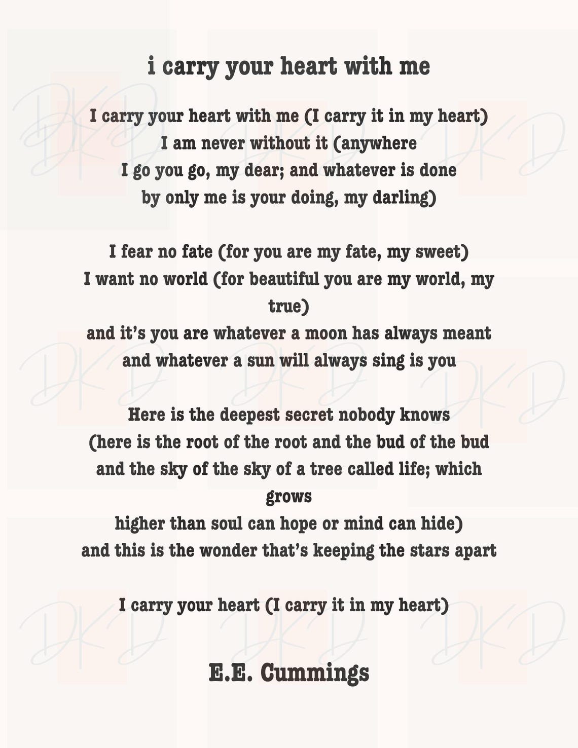 I Carry Your Heart With Me-poem by E E Cummings, Printable PDF and PNG ...