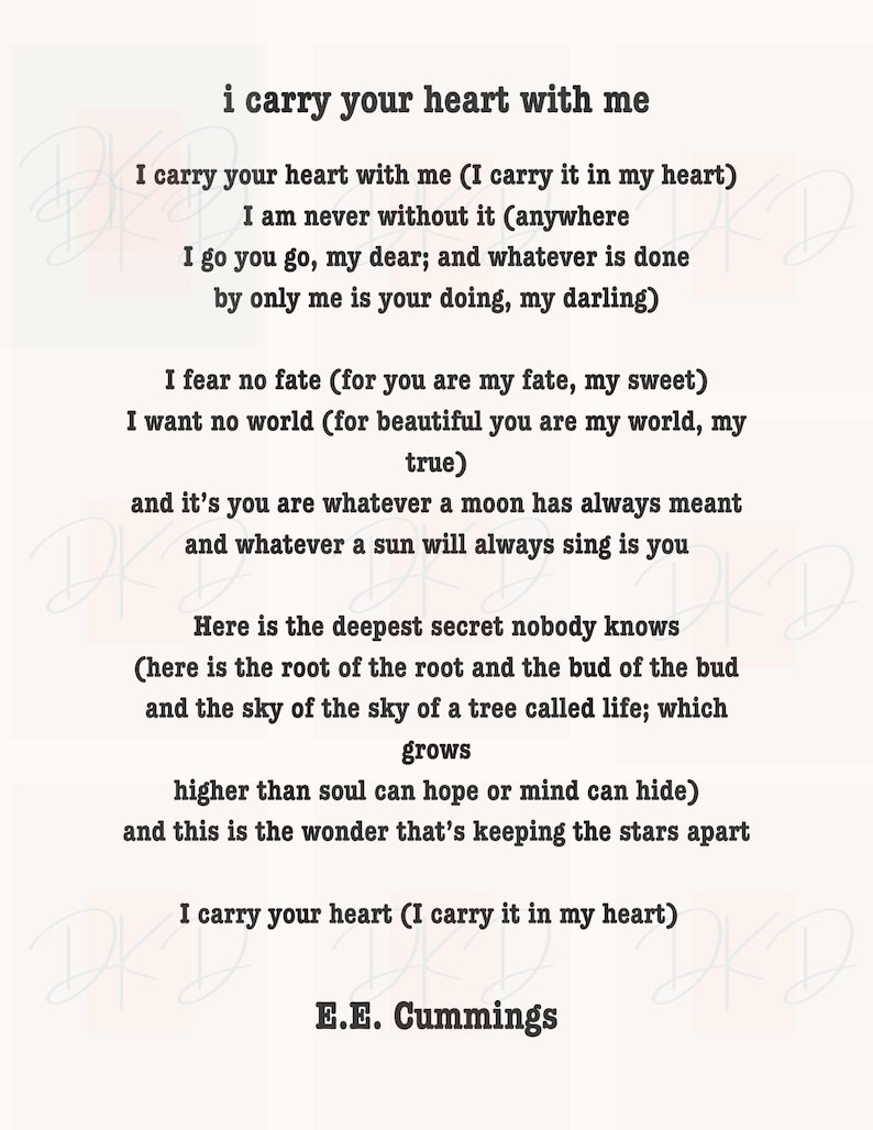 E.E. Cummings Poem Print: I Carry Your Heart With Me (PDF & PNG) - Etsy