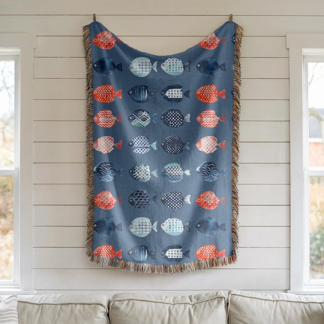 Coastal Woven Blanket Red White and Blue Fish Design Heirloom Throw for ...