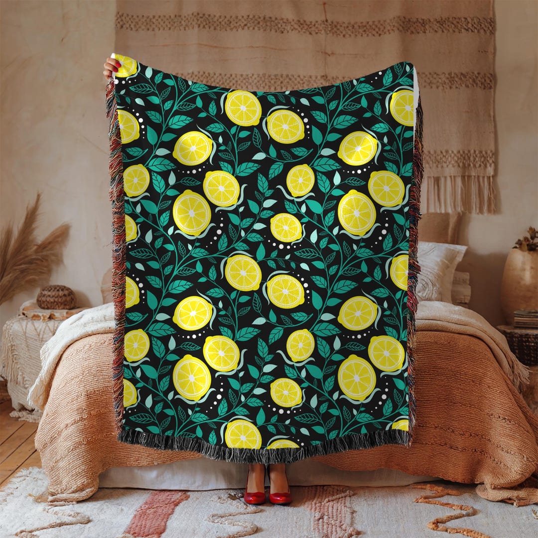 Lemon Citrus Woven Throw Green & Yellow Home Decor Mediterranean Style ...