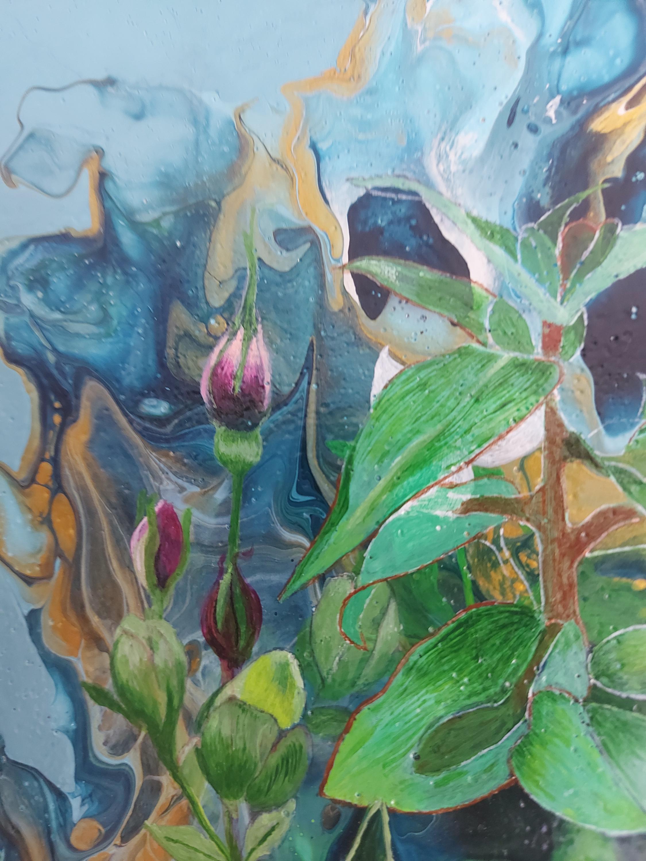 Nature Inspired Cradle Wood Panel Abstract Floral Painting Acrylic Pour ...