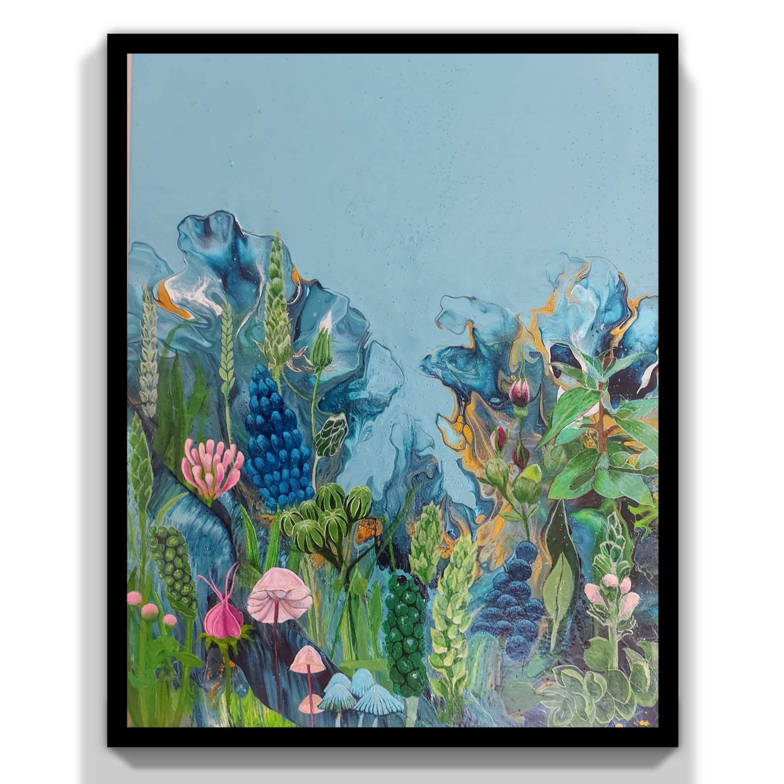 Nature Inspired Cradle Wood Panel Abstract Floral Painting Acrylic Pour ...