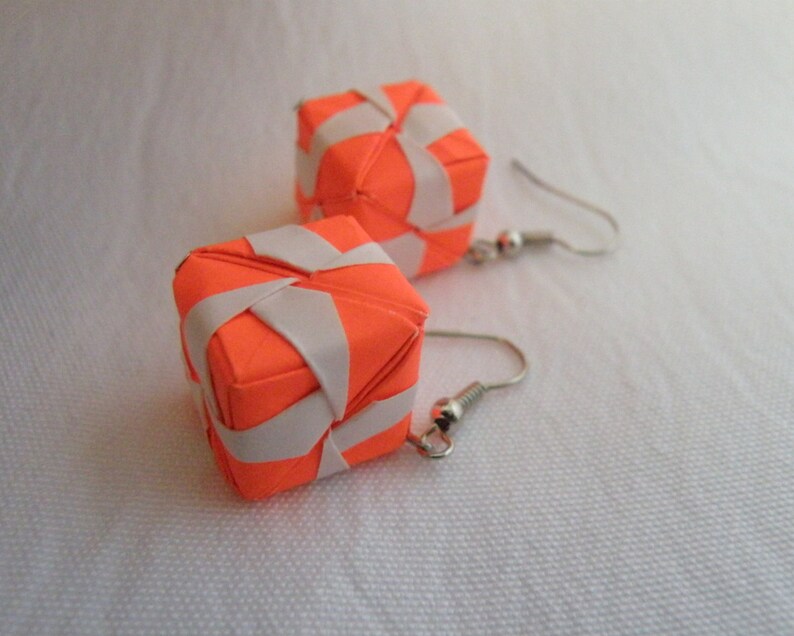NEON ORANGE and WHITE Origami Cube Earrings French Wires Fun Papercraft ...