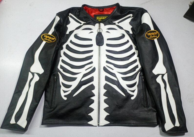 Vanson Skeleton Leather Jacket – Yellow, White & Black | Real Cowhide ...