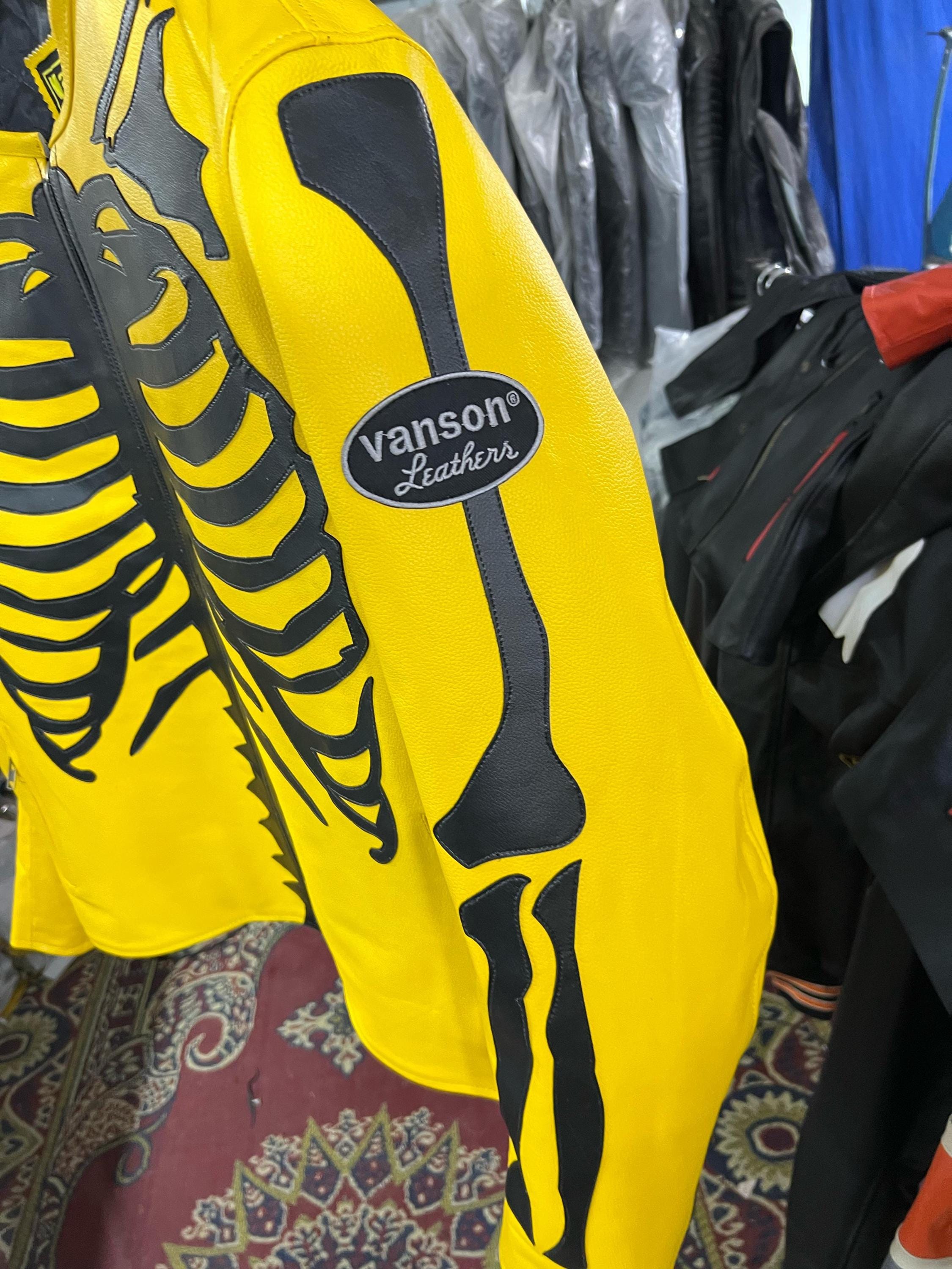 Vanson Skeleton Leather Jacket – Yellow, White & Black | Real Cowhide ...