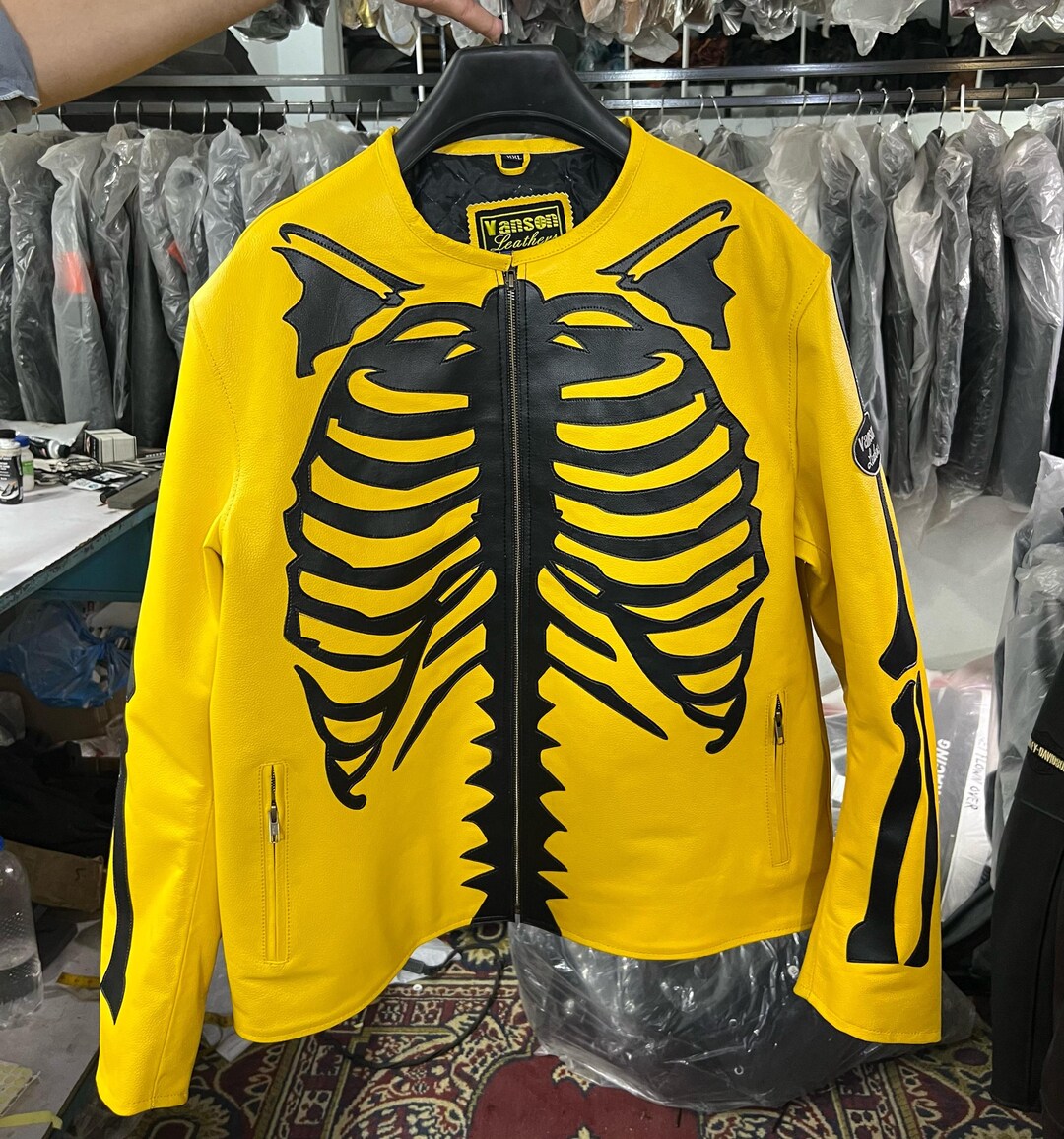 Vanson Skeleton Leather Jacket – Yellow, White & Black | Real Cowhide ...