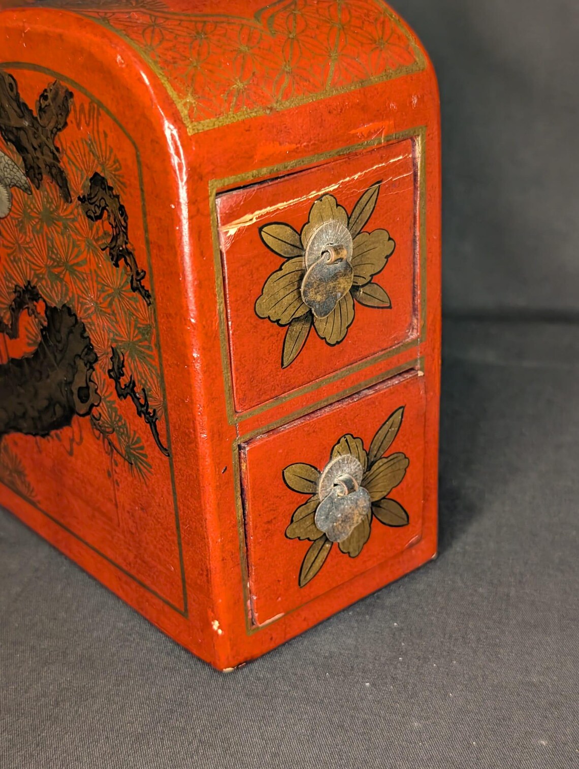 Antique Chinese Lacquer Pillow Box – Handpainted Cranes & Floral Brass ...