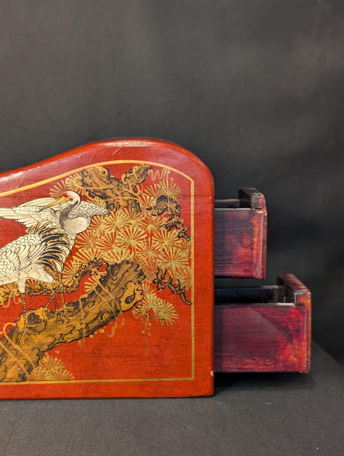 Antique Chinese Lacquer Pillow Box – Handpainted Cranes & Floral Brass ...