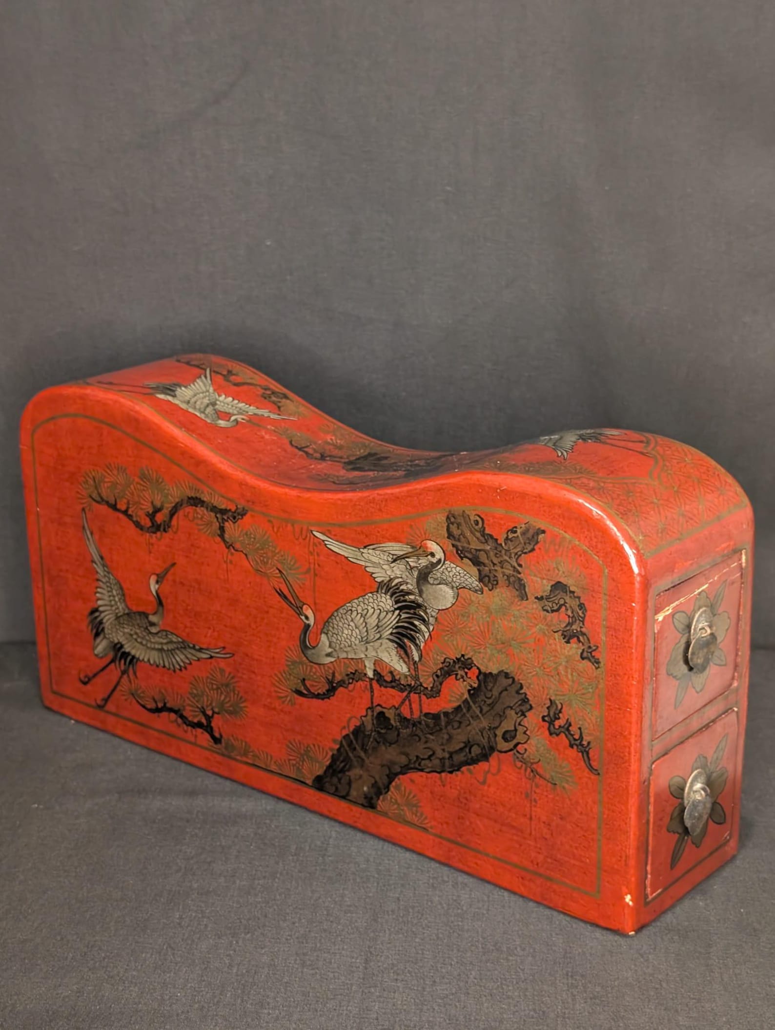 Antique Chinese Lacquer Pillow Box – Handpainted Cranes & Floral Brass ...