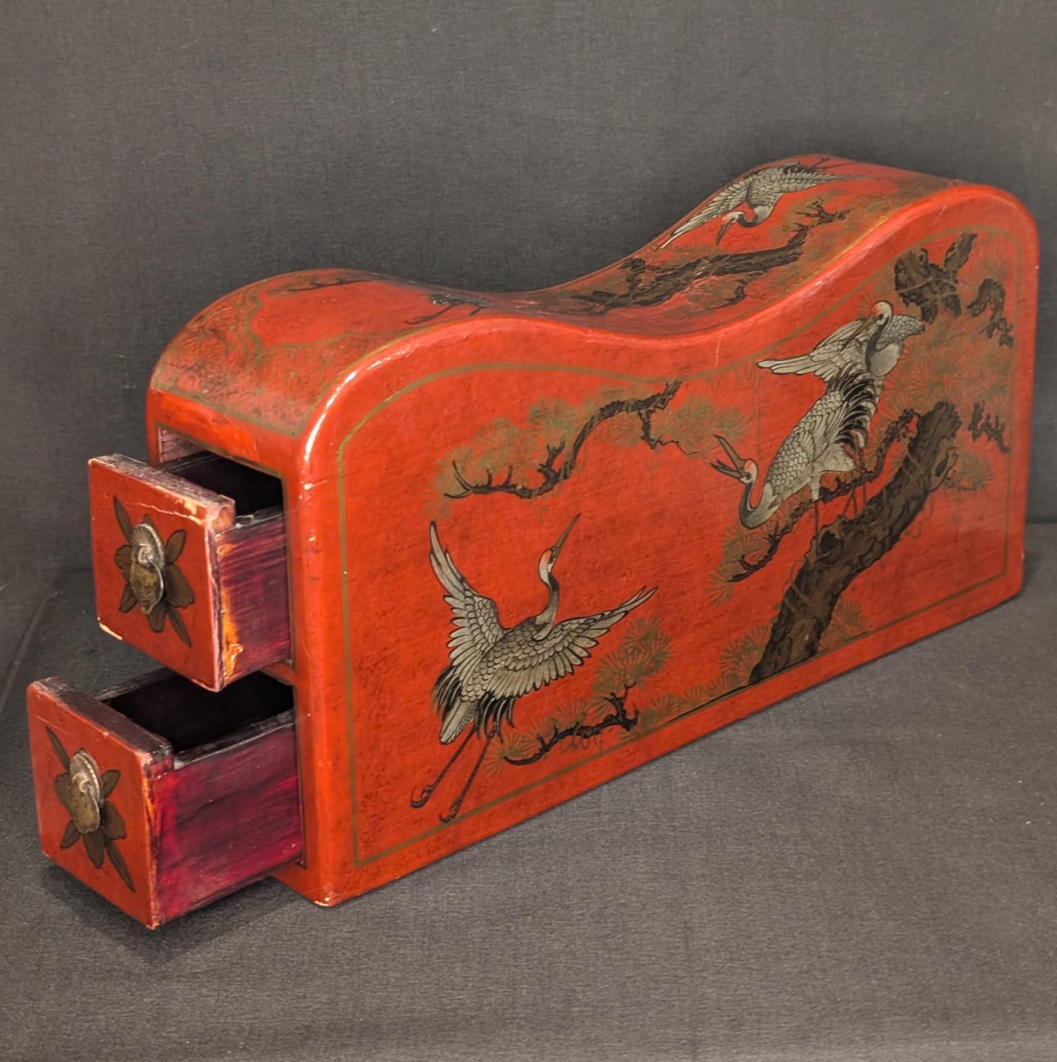 Antique Chinese Lacquer Pillow Box – Handpainted Cranes & Floral Brass ...