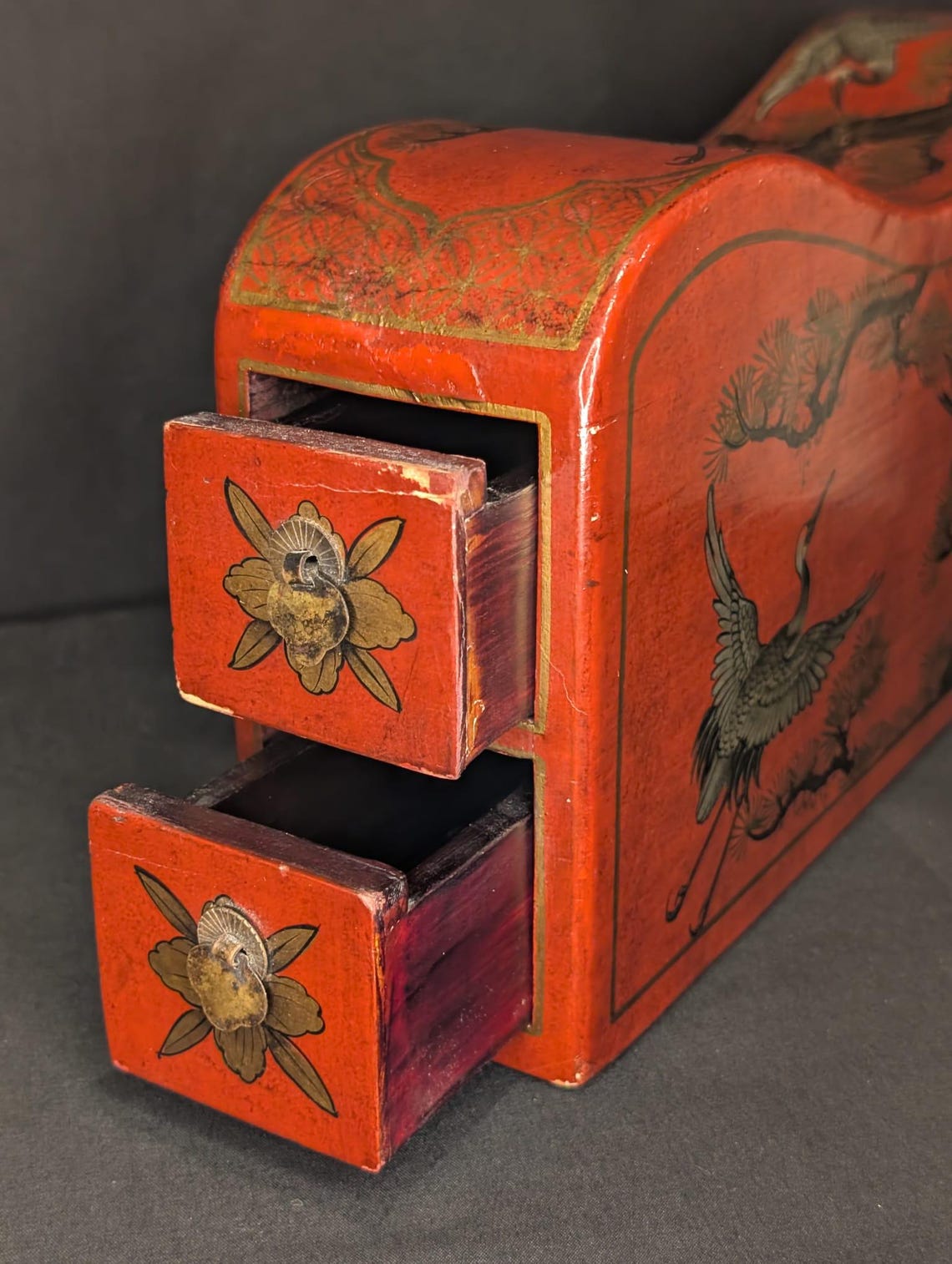 Antique Chinese Lacquer Pillow Box – Handpainted Cranes & Floral Brass ...
