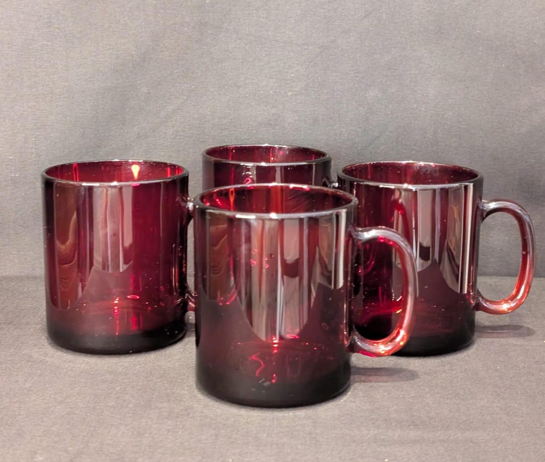 Vintage French Ruby Red Glass Mugs – Set of 4, Marked France, Mid ...