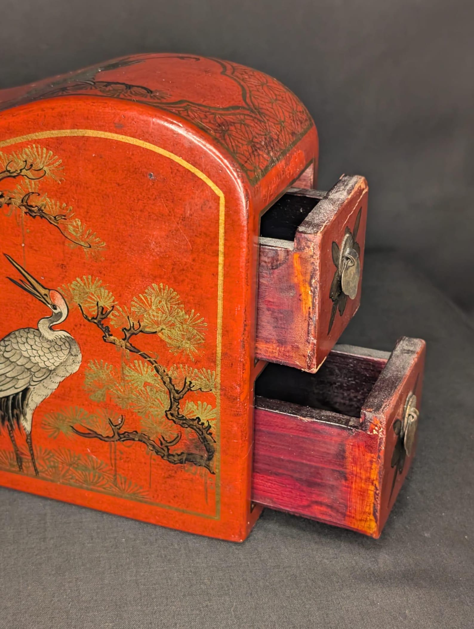 Antique Chinese Lacquer Pillow Box – Handpainted Cranes & Floral Brass ...