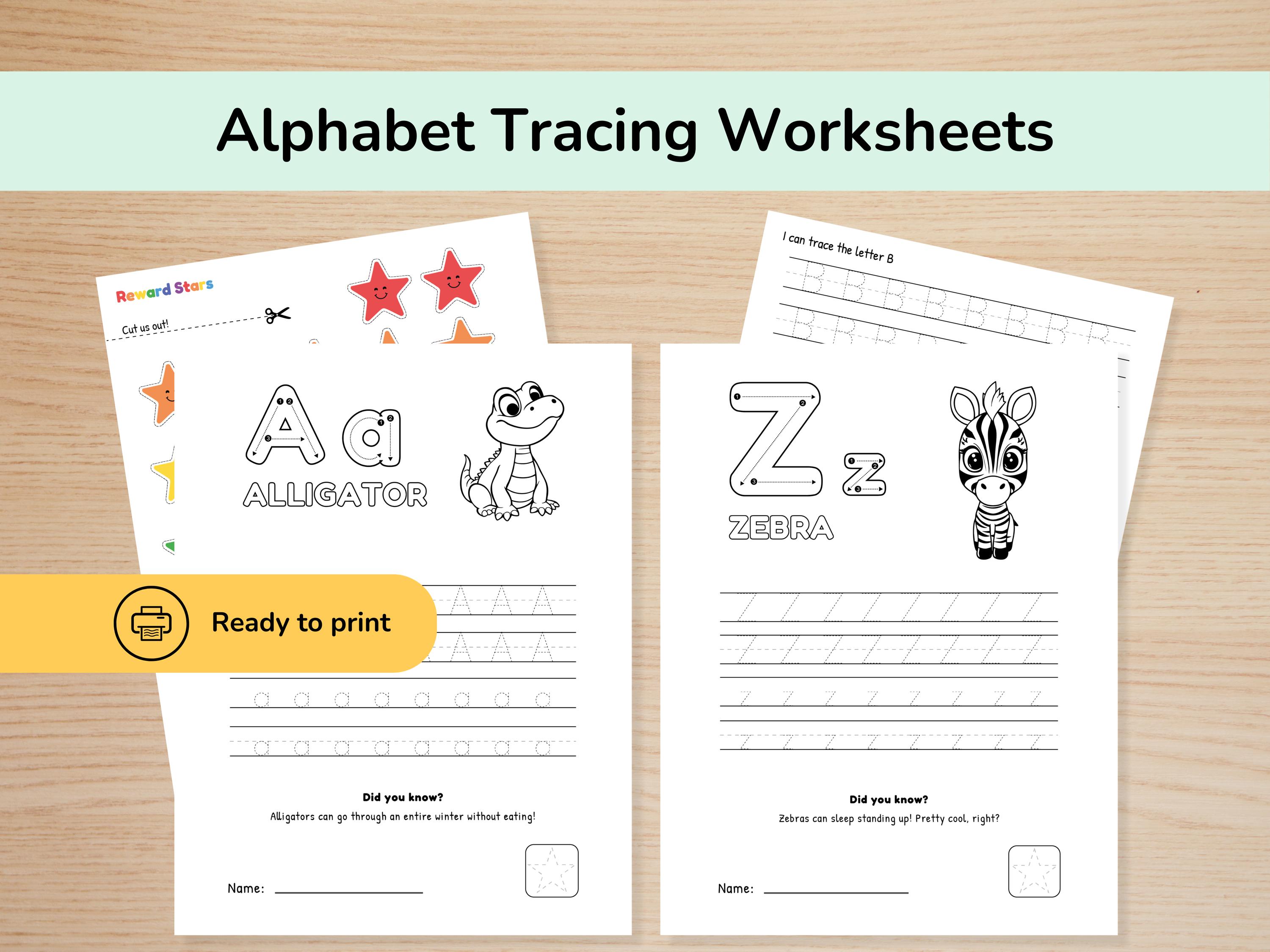 A-Z Alphabet Animal Tracing Worksheets Preschool Kindergarten Printable ...