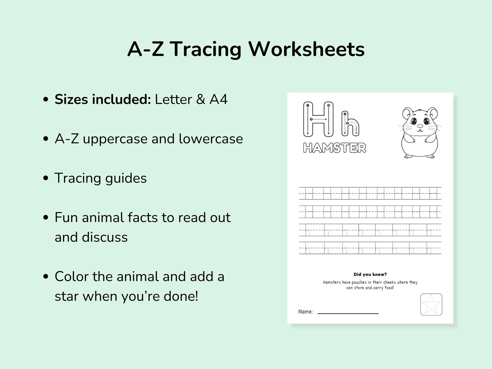 A-Z Alphabet Animal Tracing Worksheets Preschool Kindergarten Printable ...