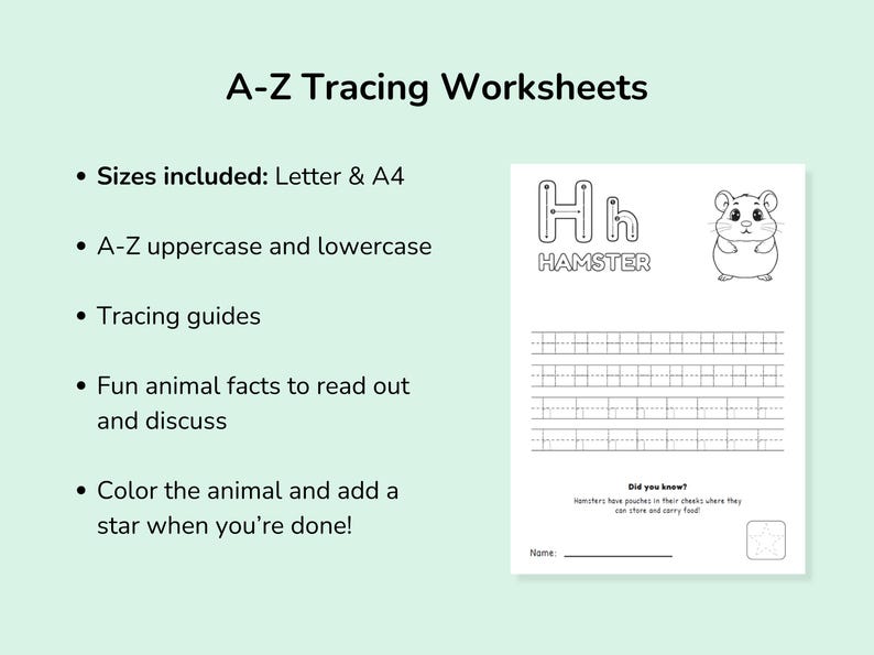 A-Z Alphabet Animal Tracing Worksheets Preschool Kindergarten Printable ...