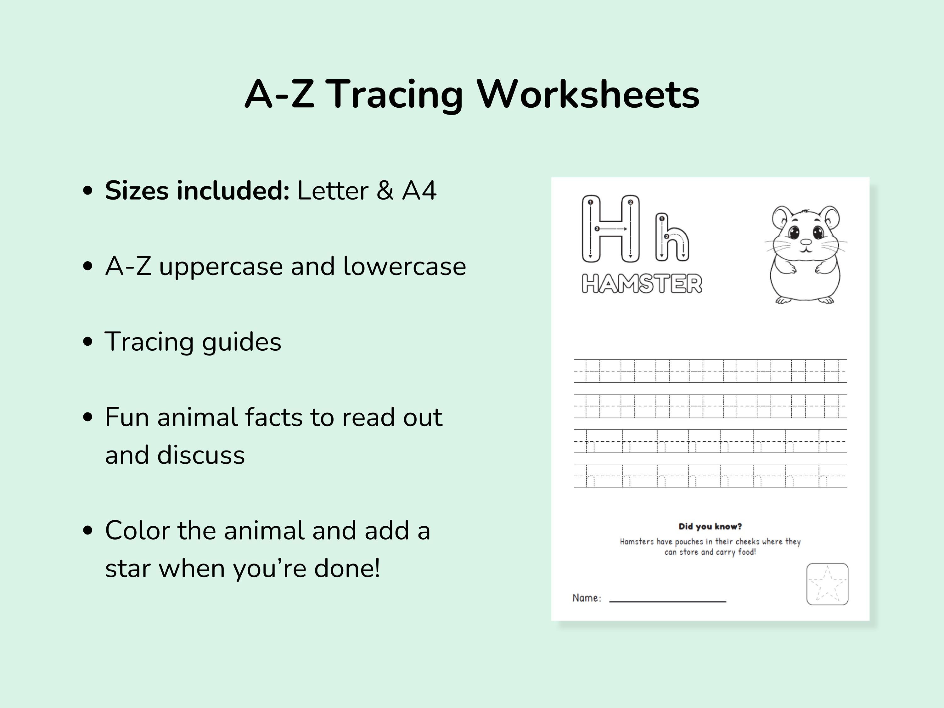 A-Z Alphabet Animal Tracing Worksheets Preschool Kindergarten Printable ...
