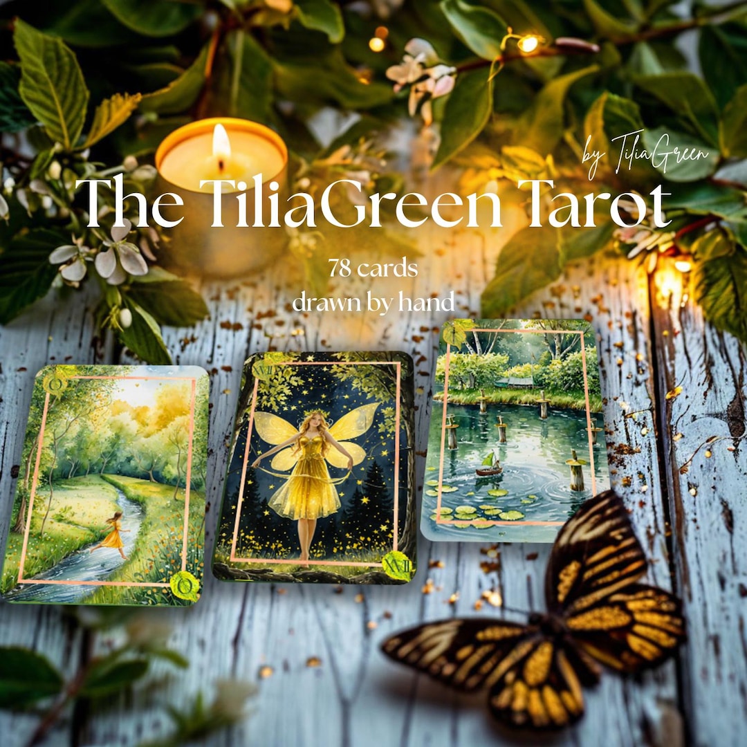 Tiliagreen Tarot: Hand-drawn Wiccan Green Deck 78 Cards in a Magnet Lid ...