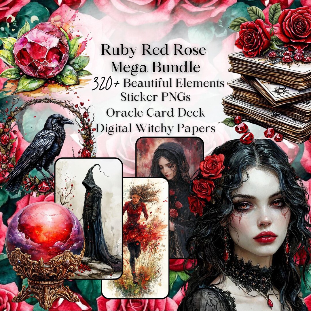 Ruby Red Rose Digital Download PNG Sticker Set, Oracle Card Deck and ...