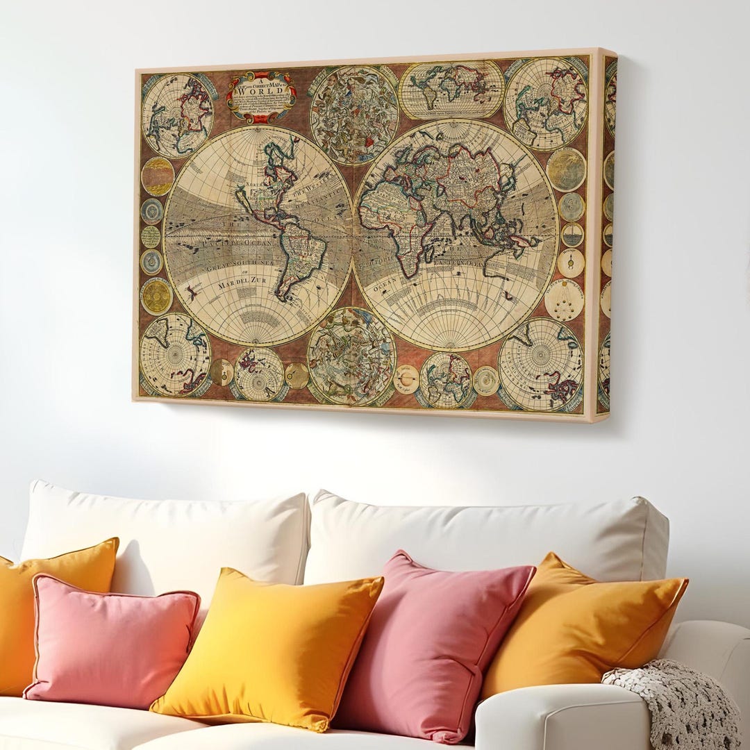 Vintage Retro World Map Painting, Canvas Room Decor, Housewarming Gifts ...