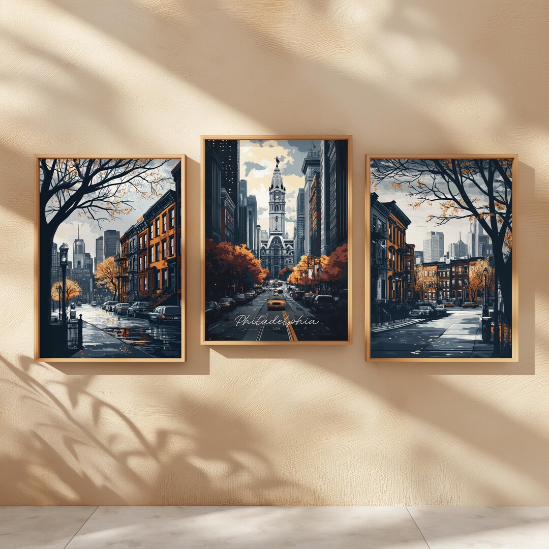 Philadelphia City Print Set | Cinematic Autumn Street Scene Artwork - Etsy