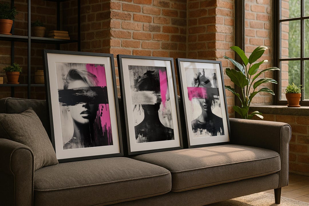 Edgy Female Portrait Prints Set | Pink & Black Street Art (digital ...