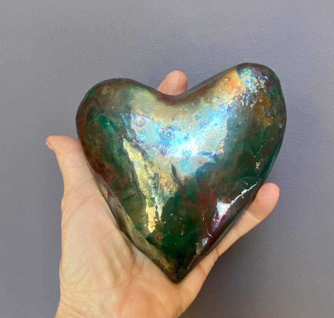 Raku Ceramic Heart. Raku Pottery. Green Copper Gold Luster. Hand Built ...
