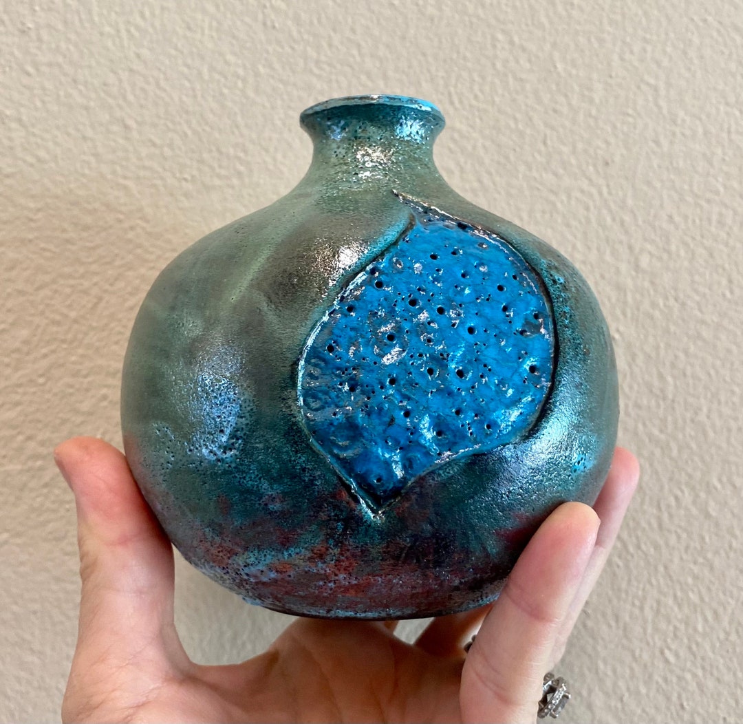 Raku Ceramic Emerald Green Vase. Textured Earthy Pottery. Handmade ...