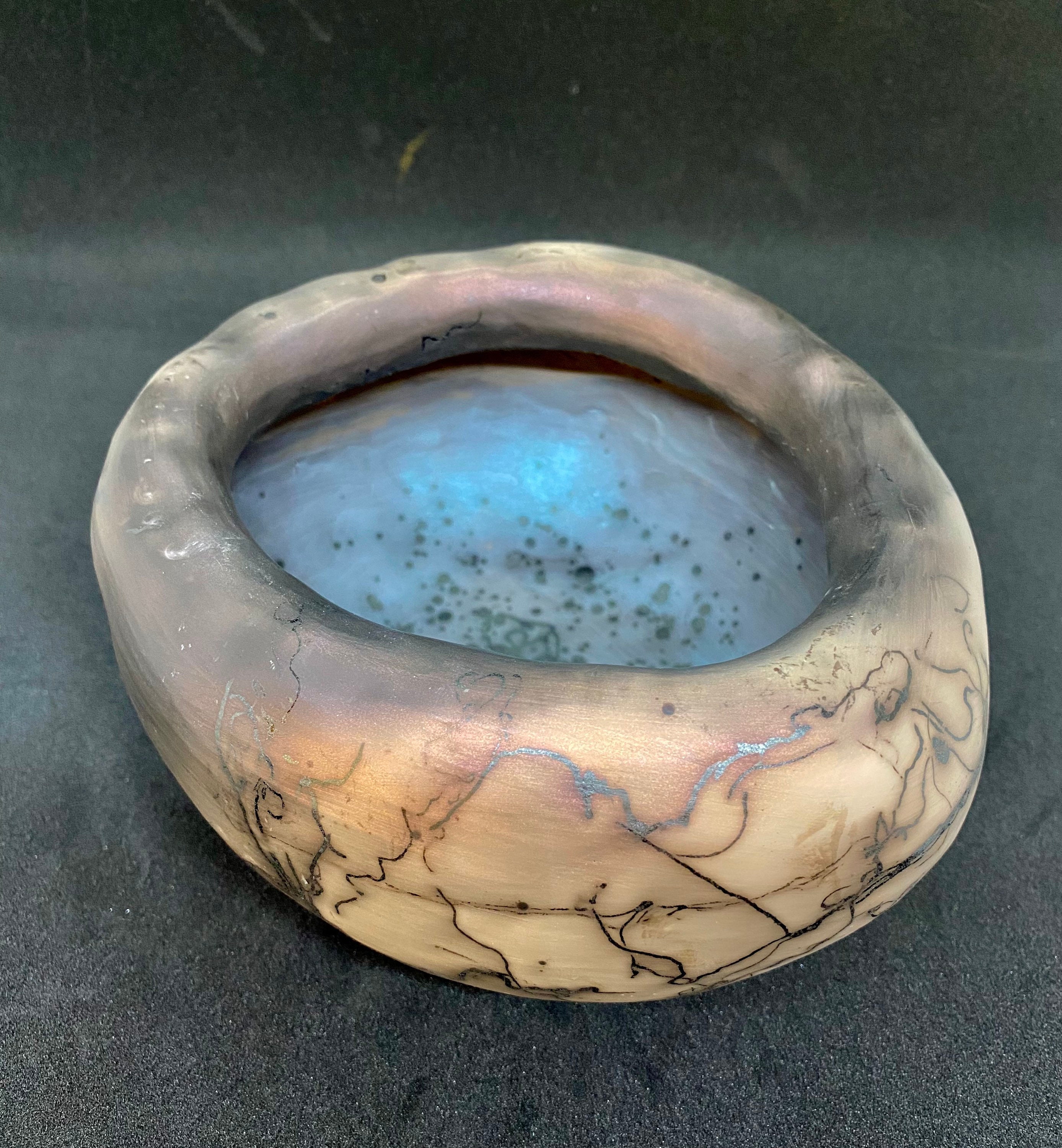 Horsehair Raku Pot. Blue Luster Shell Raku Bowl.handmade Nature ...