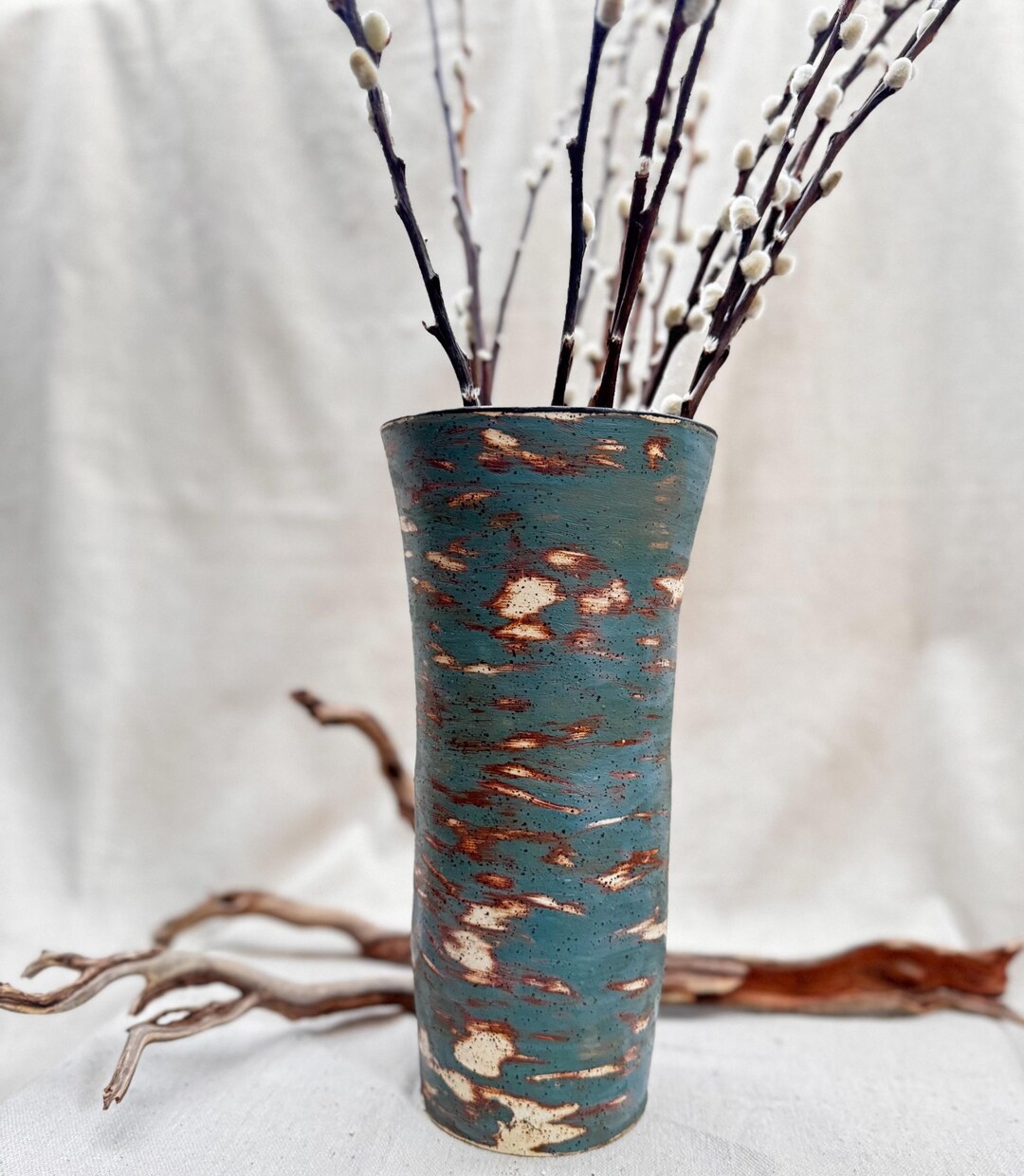 Tall Turquoise Pottery Vase. Ceramic Handmade Distressed Texture Vase ...