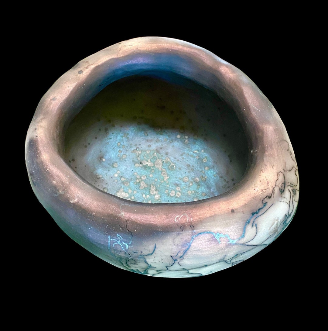 Horsehair Raku Pot. Blue Luster Shell Raku Bowl.handmade Nature ...