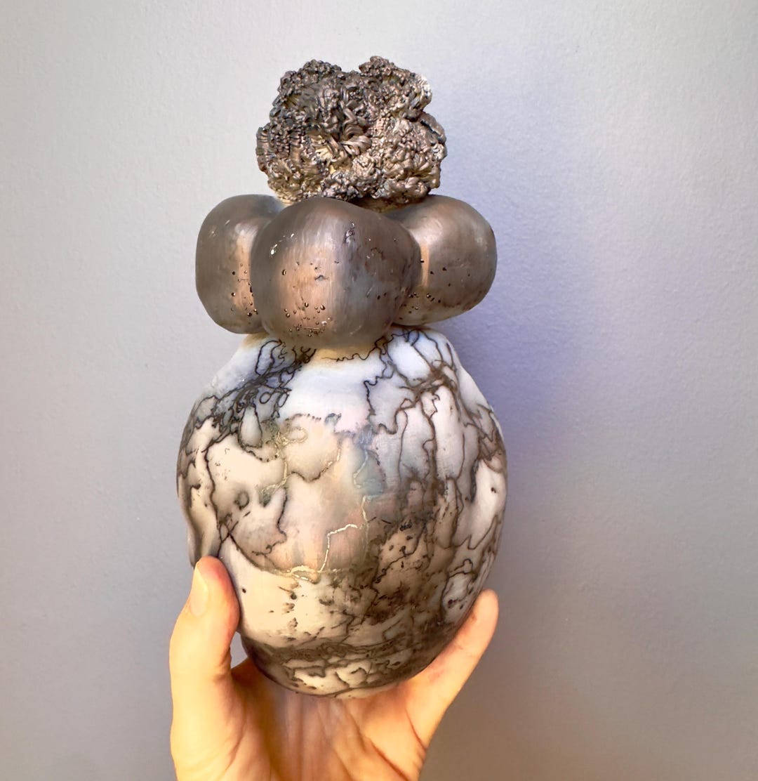 Totem of Iridescent Crown, Horsehair Raku Purple - Rust Luster Ceramic ...