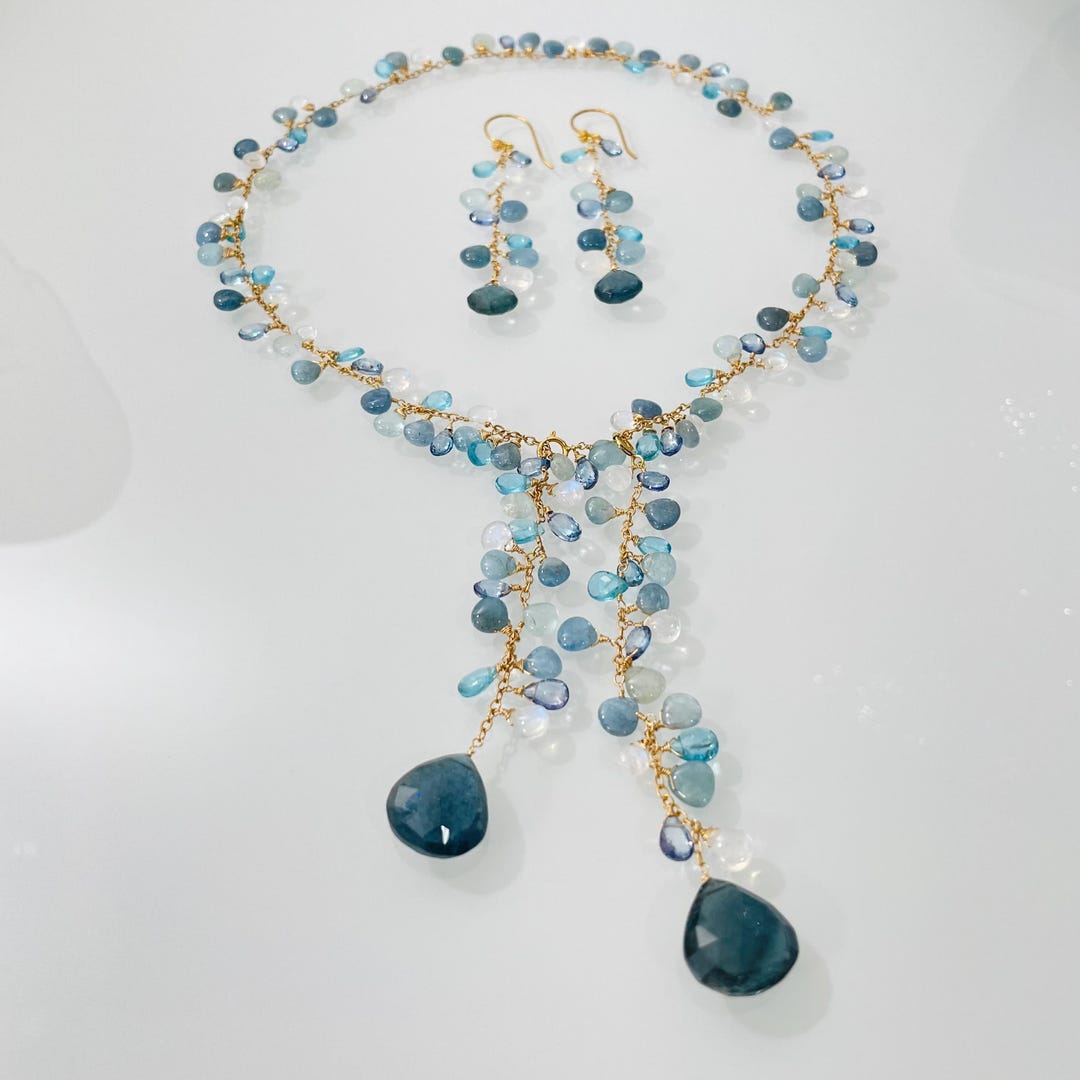 Blue Gemstone Signature Lariat Necklace in Gold-fill and Moss ...