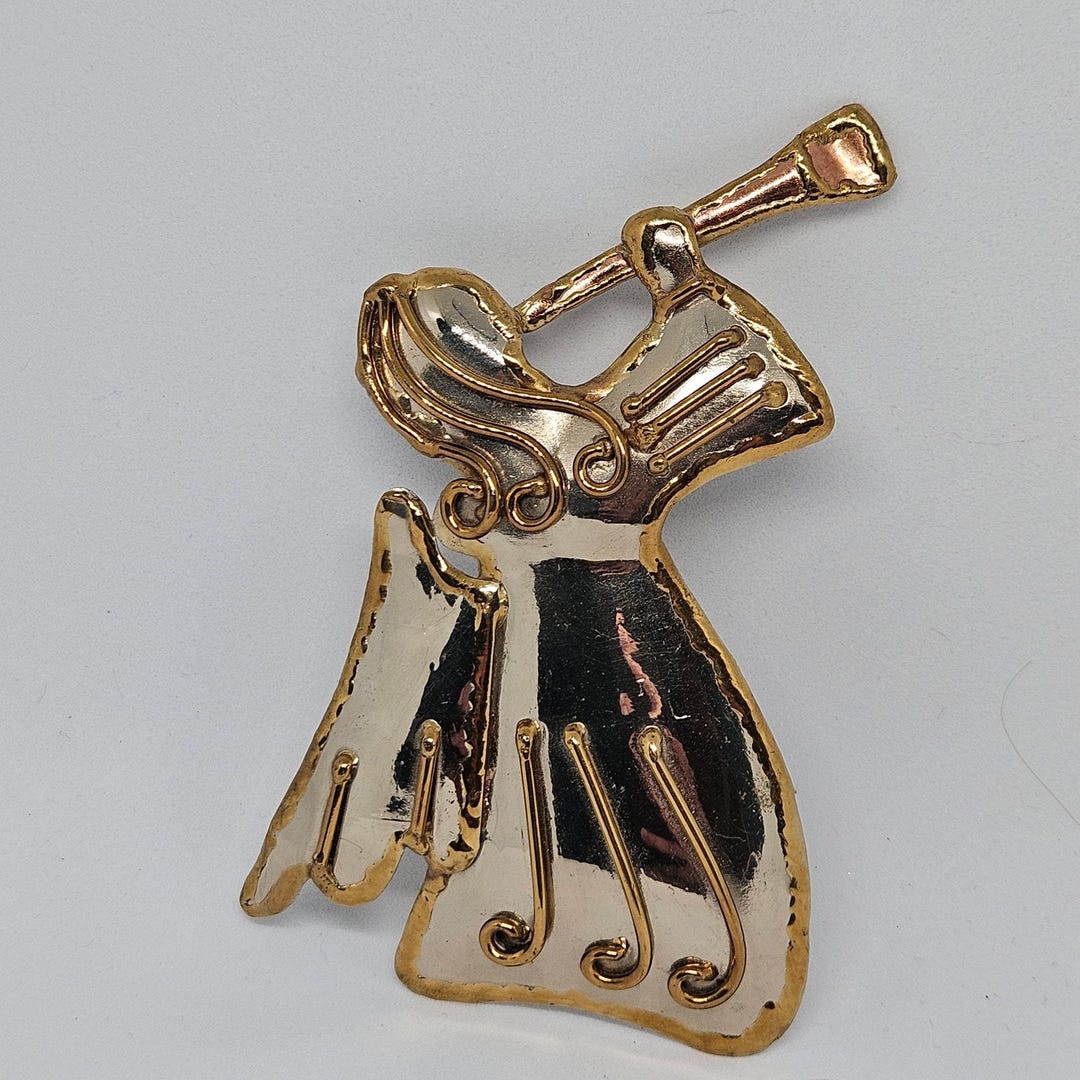 Vintage Tri-color Angel Horn Metal Brooch Pin Pendant Rose Silver Gold ...