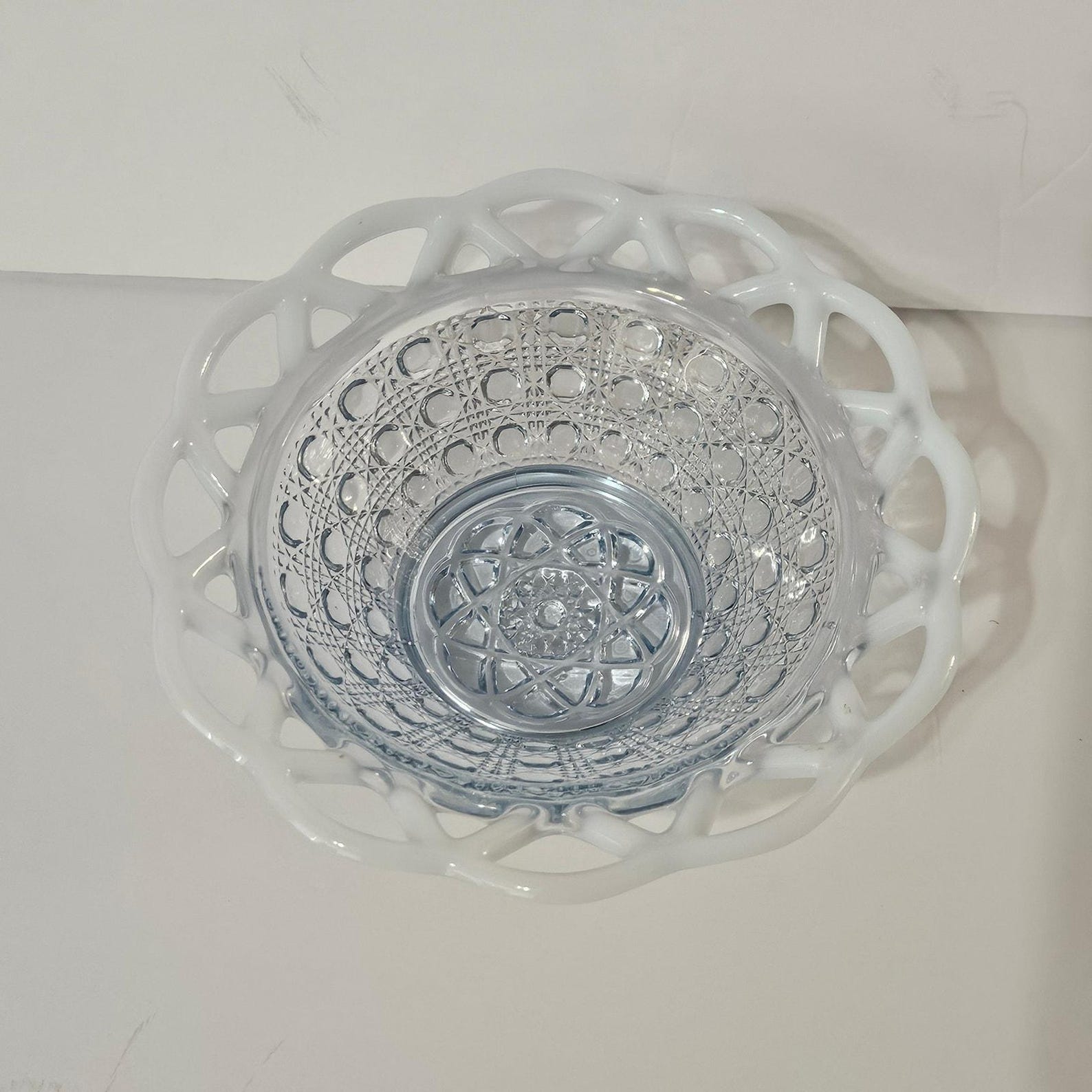 Vintage Imperial Glass Katy Blue Opalescent Bowl Open Lace Trim Cane ...