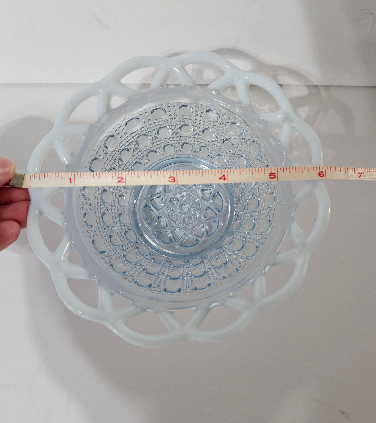 Vintage Imperial Glass Katy Blue Opalescent Bowl Open Lace Trim Cane ...
