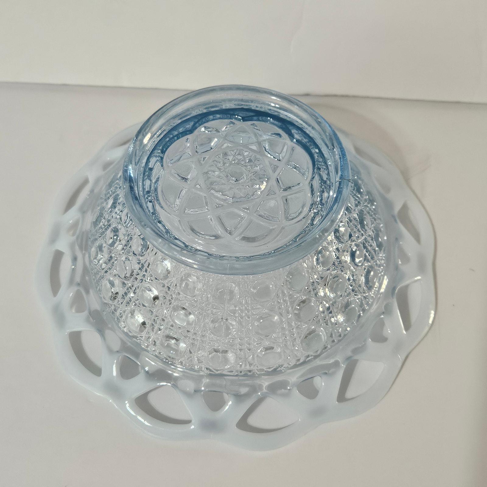 Vintage Imperial Glass Katy Blue Opalescent Bowl Open Lace Trim Cane ...
