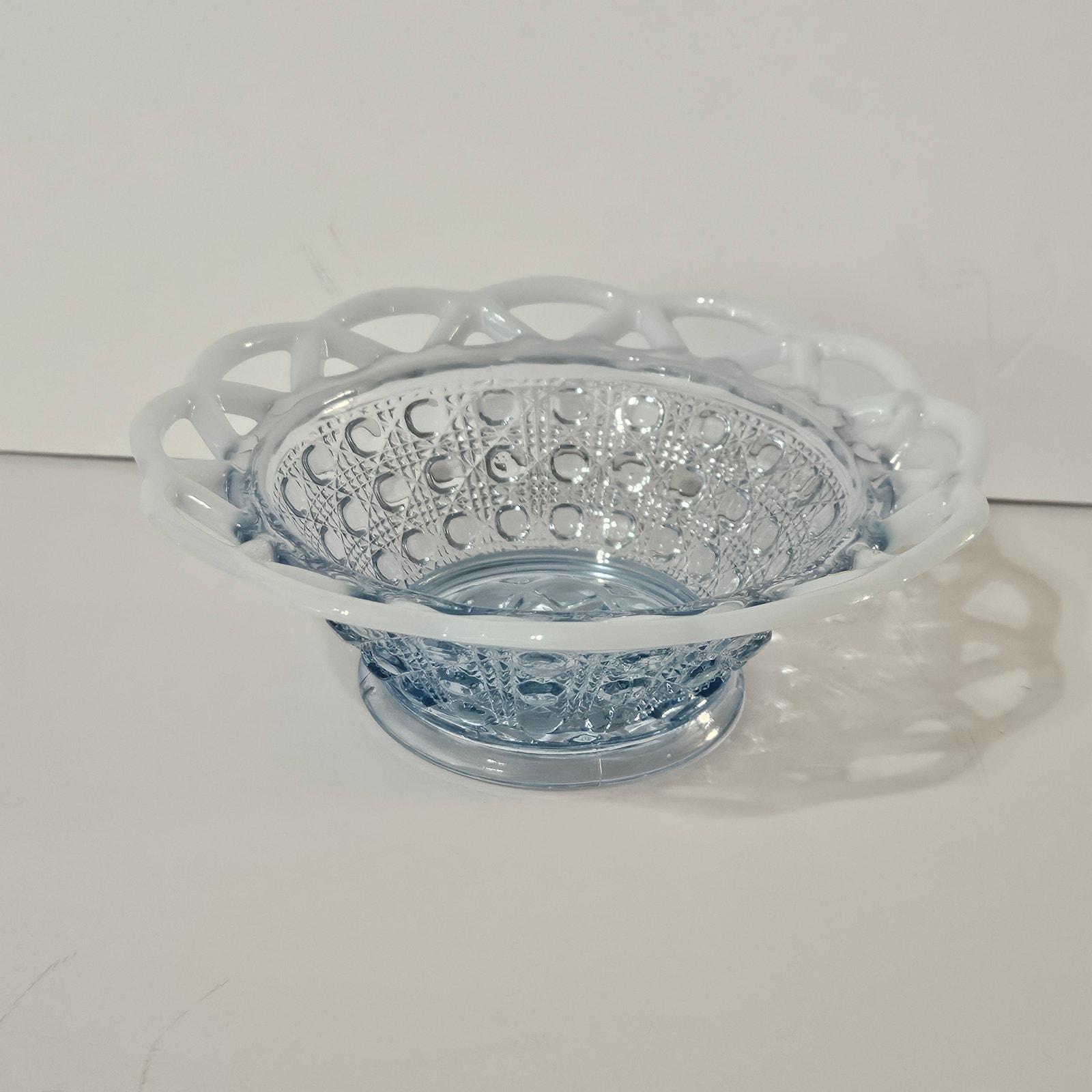 Vintage Imperial Glass Katy Blue Opalescent Bowl Open Lace Trim Cane ...