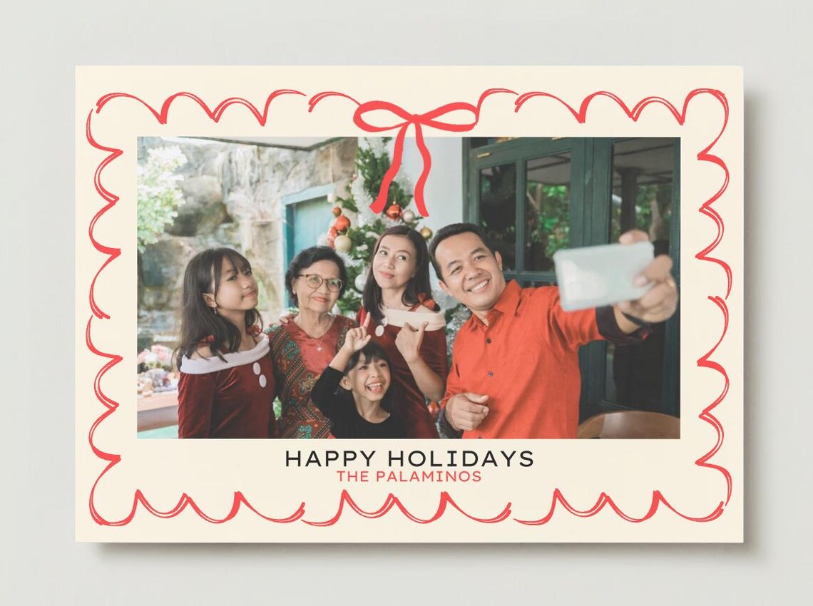 Printable Red Ruffles Holiday Photo Card landscape, Editable Photo Card ...