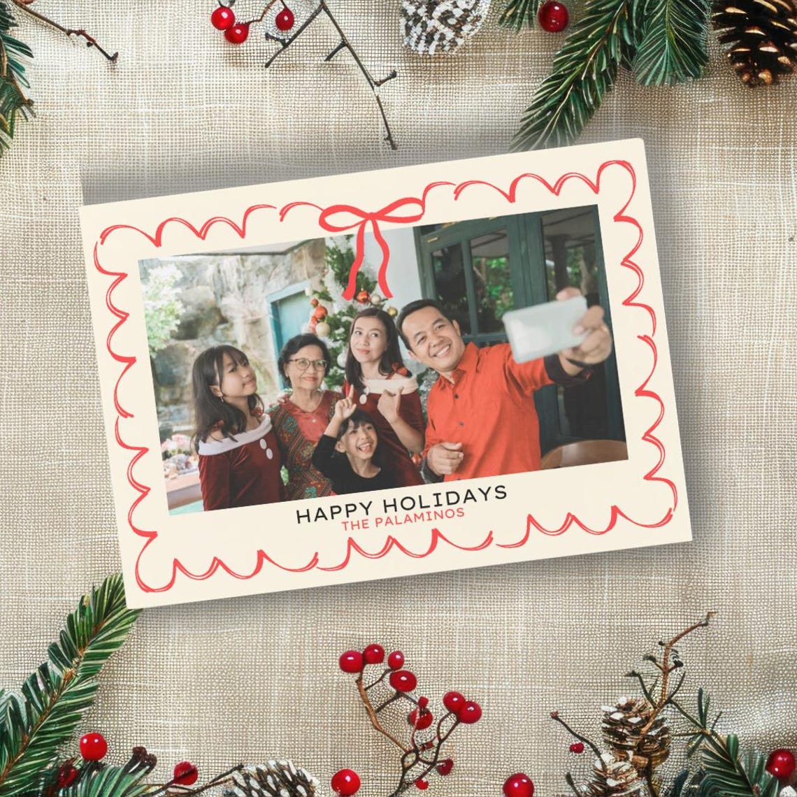 Printable Red Ruffles Holiday Photo Card landscape, Editable Photo Card ...
