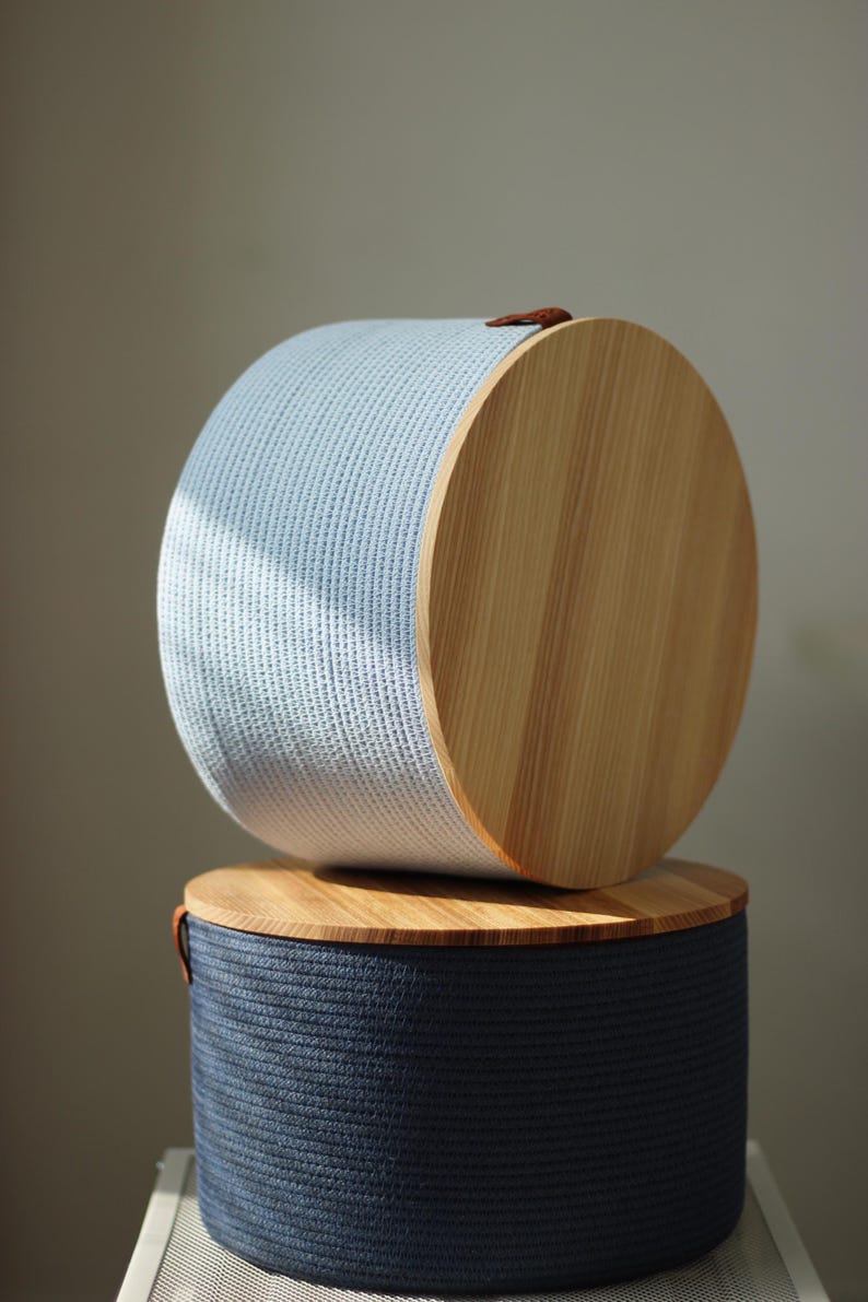 Handmade Cotton Rope Basket With Wooden Lid: Scandinavian Storage Bin ...