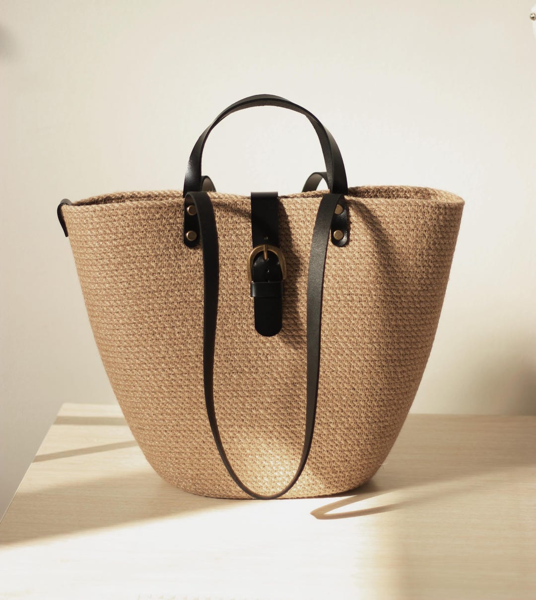 Handmade Jute Rope Bag With Leather Handles and Inner Pocket, Eco ...