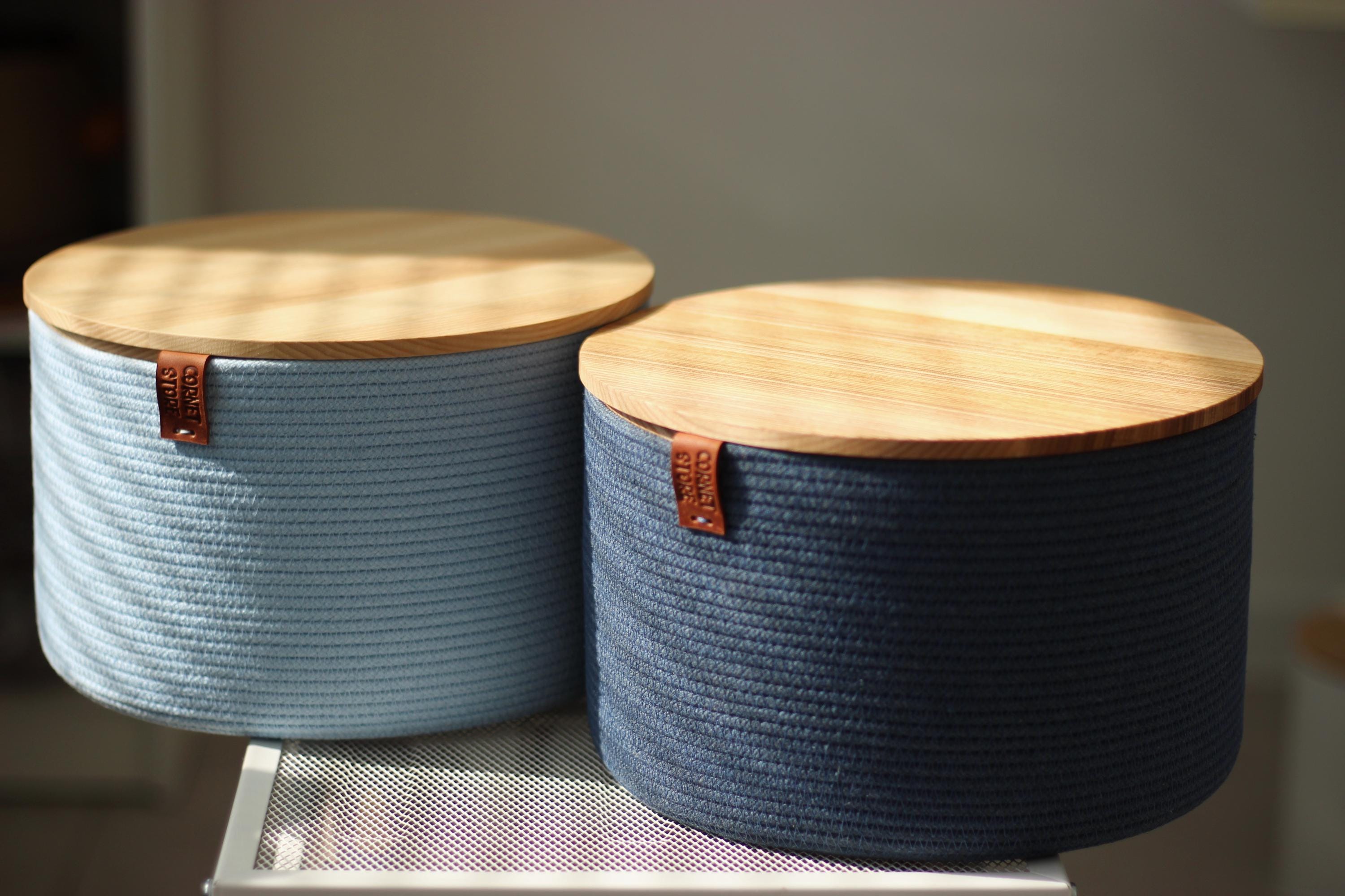Handmade Cotton Rope Basket With Wooden Lid: Scandinavian Storage Bin ...