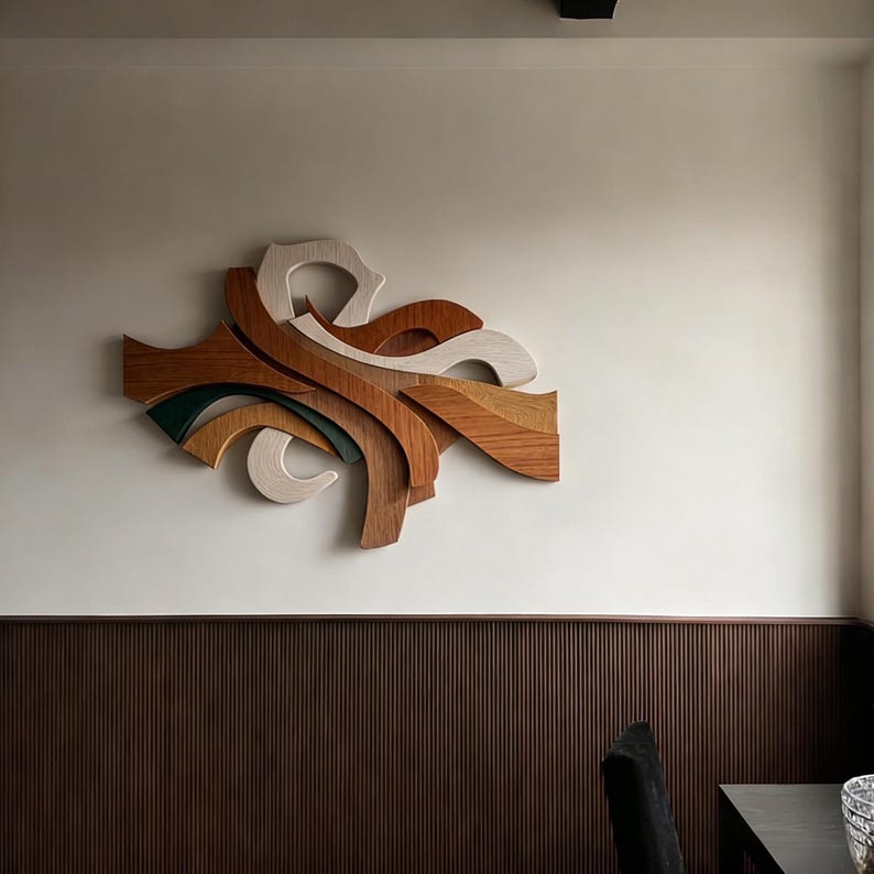 Layered Wood Curve Assemblages: Walnut and Beige Abstract Art With ...